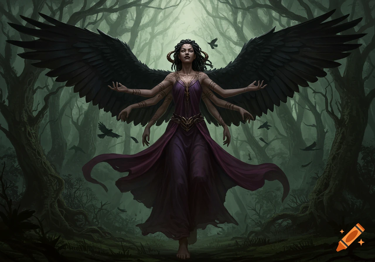 A multi-armed woman with large black wings stands in a dark, misty ...