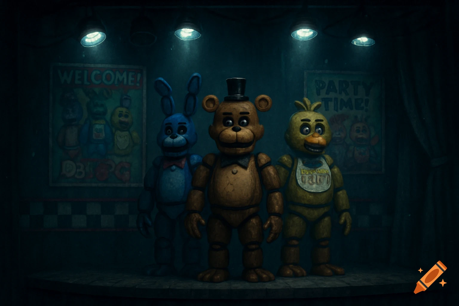 Freddy, Bonnie, and Chica animatronics stand on a dark stage under ...