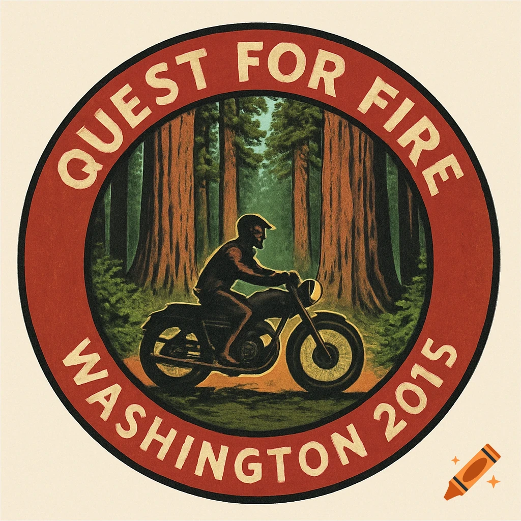 Circular logo with a motorcycle rider in a forest and text 'Quest for ...