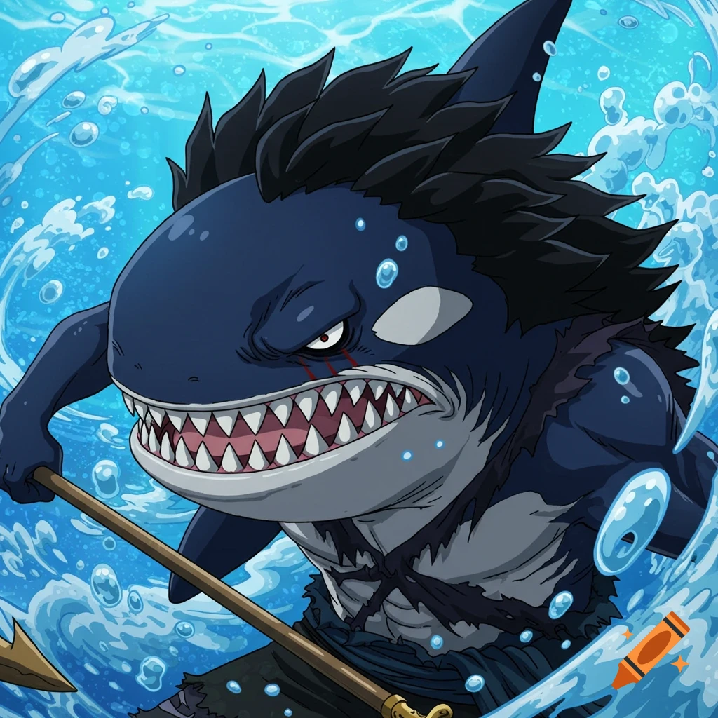 One Piece style anime orca fishman holding a spear in water on Craiyon