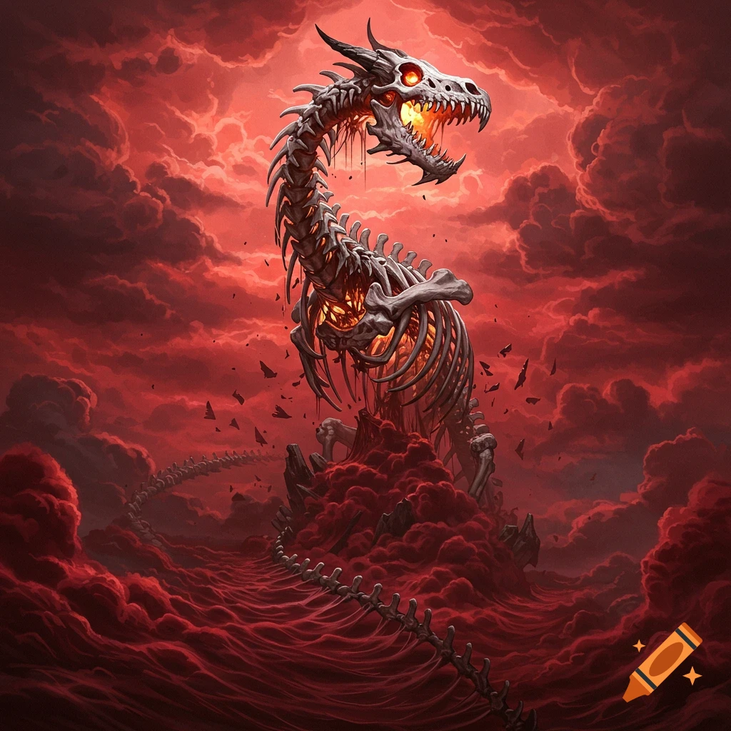 Skeletal dragon rising from a crimson sea of clouds under a red sky ...