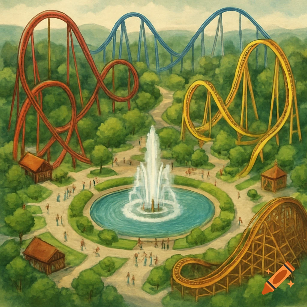 Illustration of a busy roller coaster park map with a large fountain in ...
