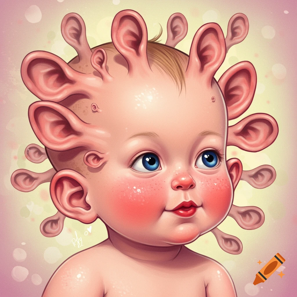 Illustration of a baby with many ears growing from its head on Craiyon