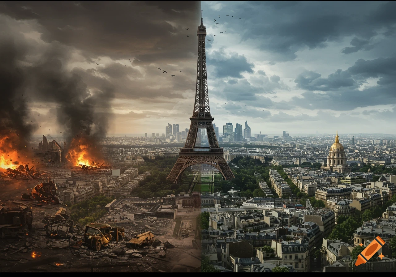 Split image of Paris with destroyed cityscape on the left and untouched ...