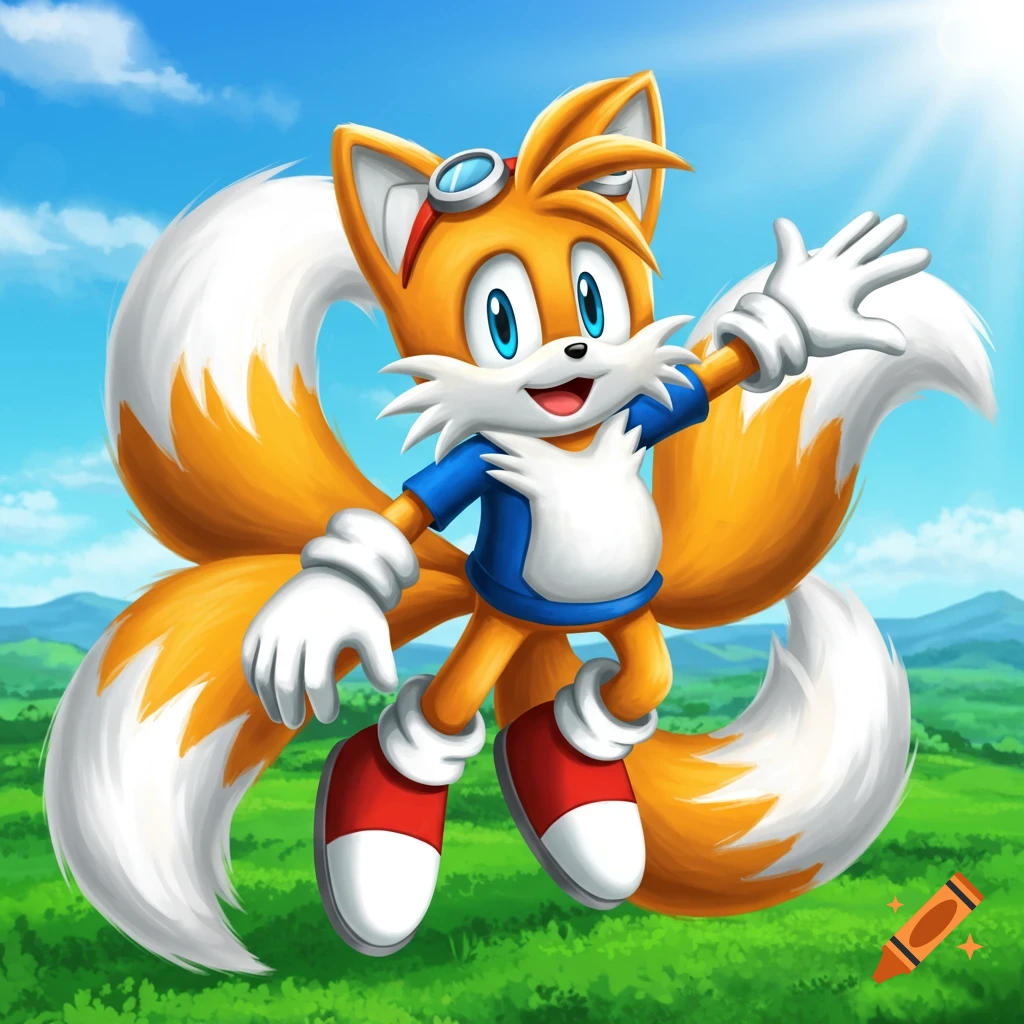Cartoon illustration of Tails the fox smiling and waving in a sunny ...