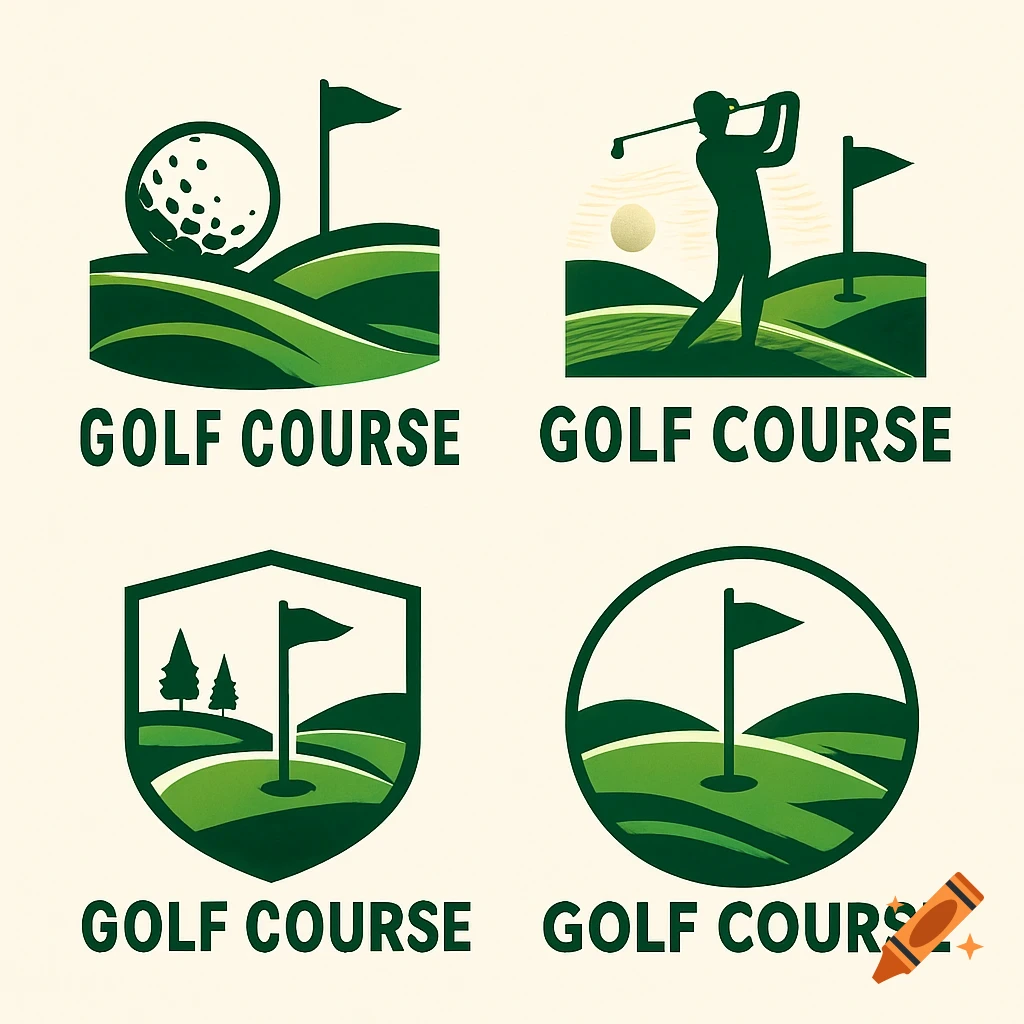 Four green and white golf course logos featuring flags, hills, golf ...