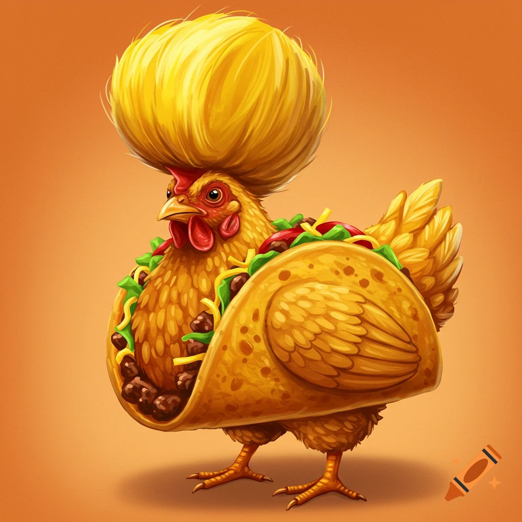 A chicken inside a taco shell with a large yellow bouffant hairstyle ...