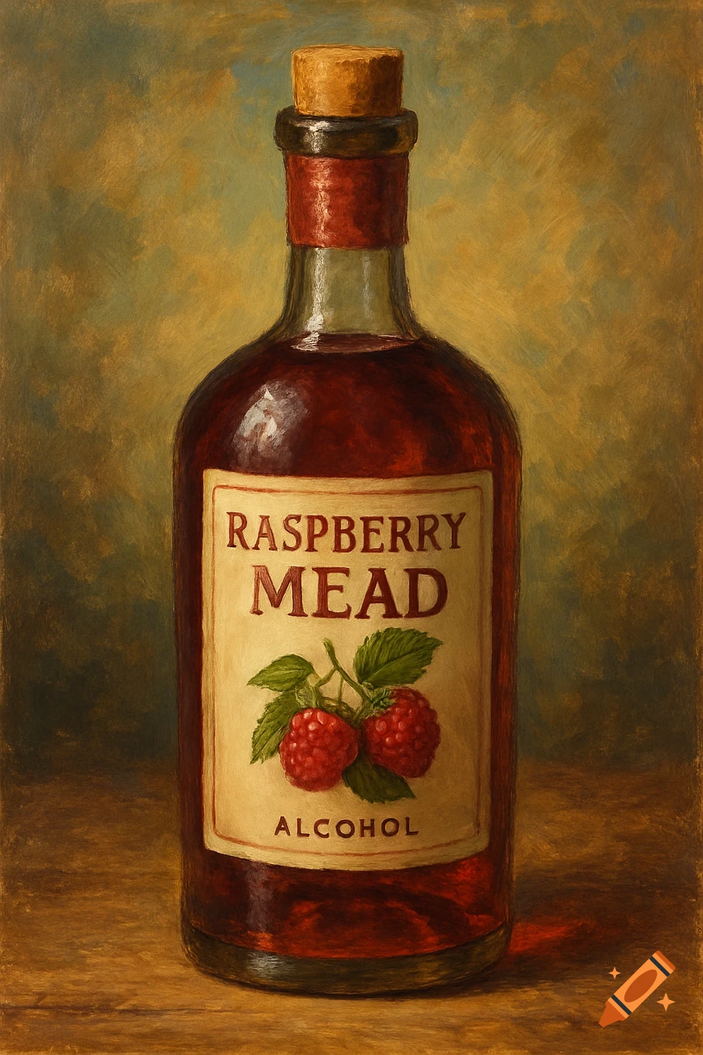 Still life painting of a bottle of raspberry mead alcohol with a label ...
