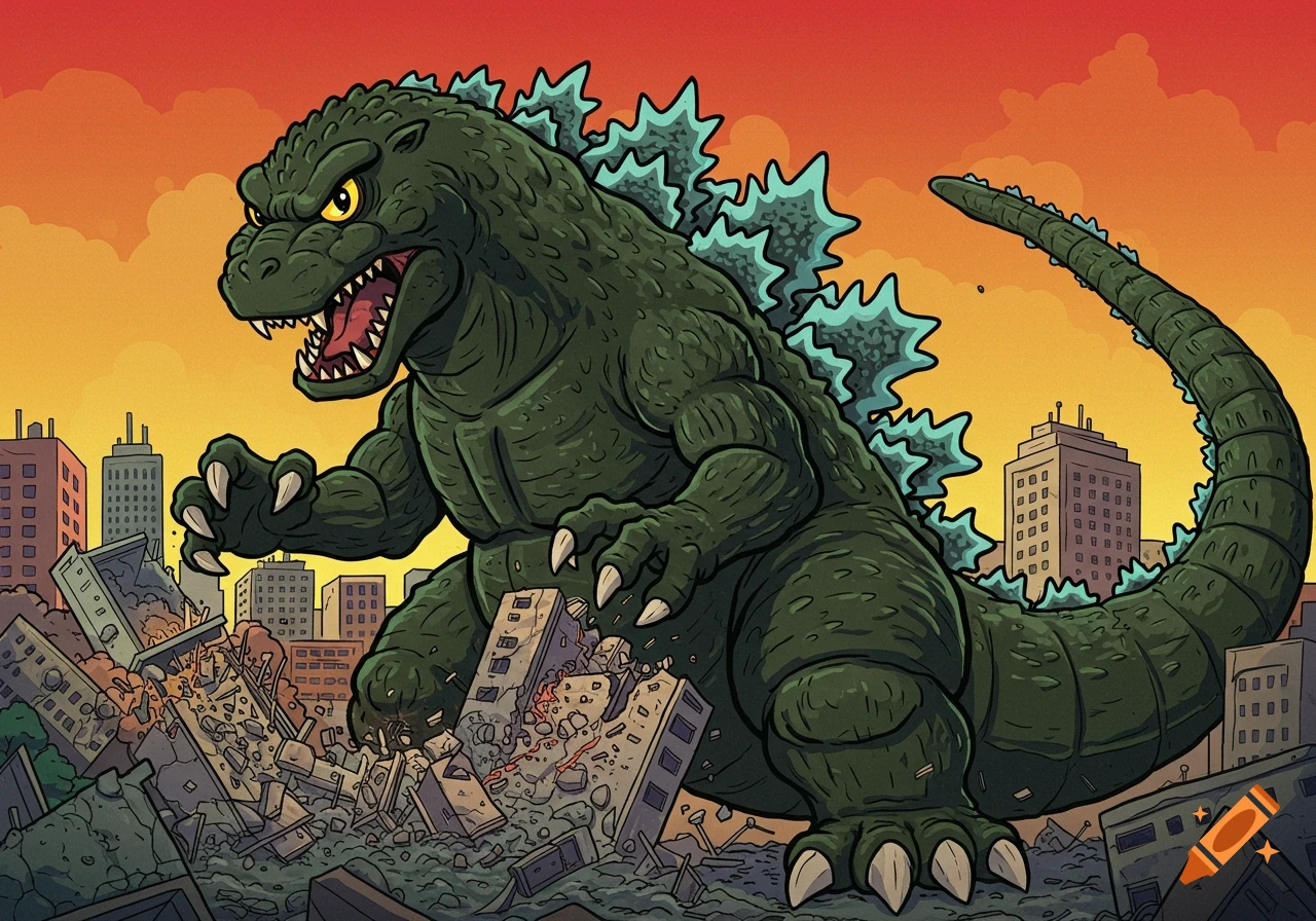A cartoon illustration of Godzilla destroying buildings in a city. on ...