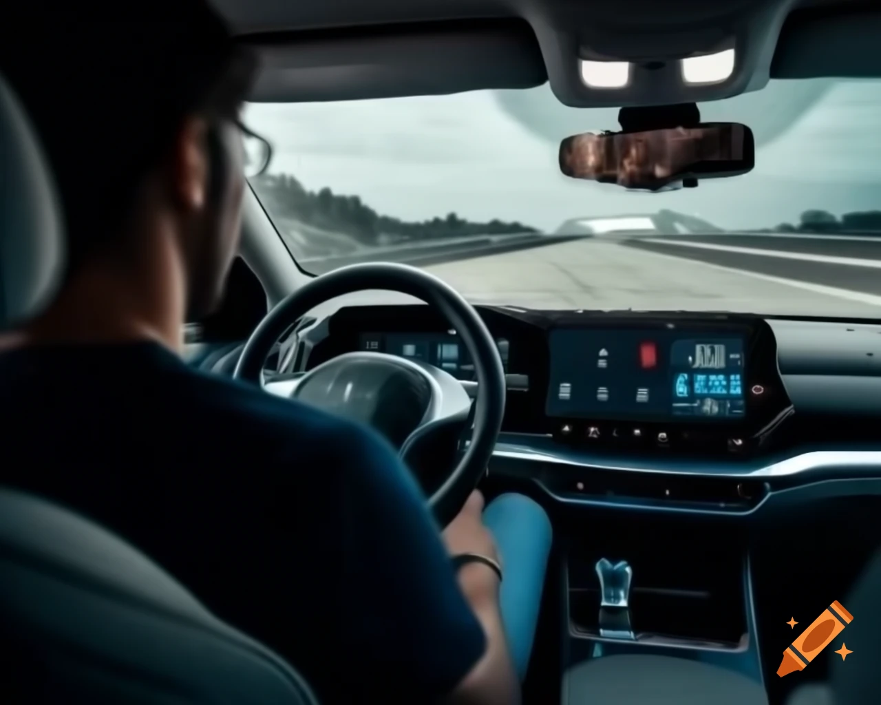 First person view of car driving simulation on freeway, cel shading ...