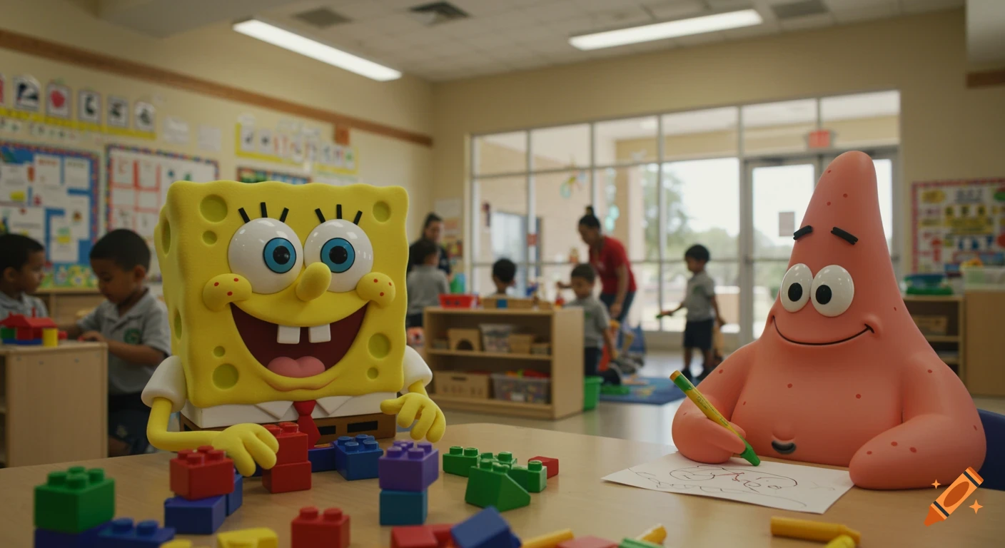 SpongeBob and Patrick are in a classroom with children, playing with toys and drawing. on Craiyon