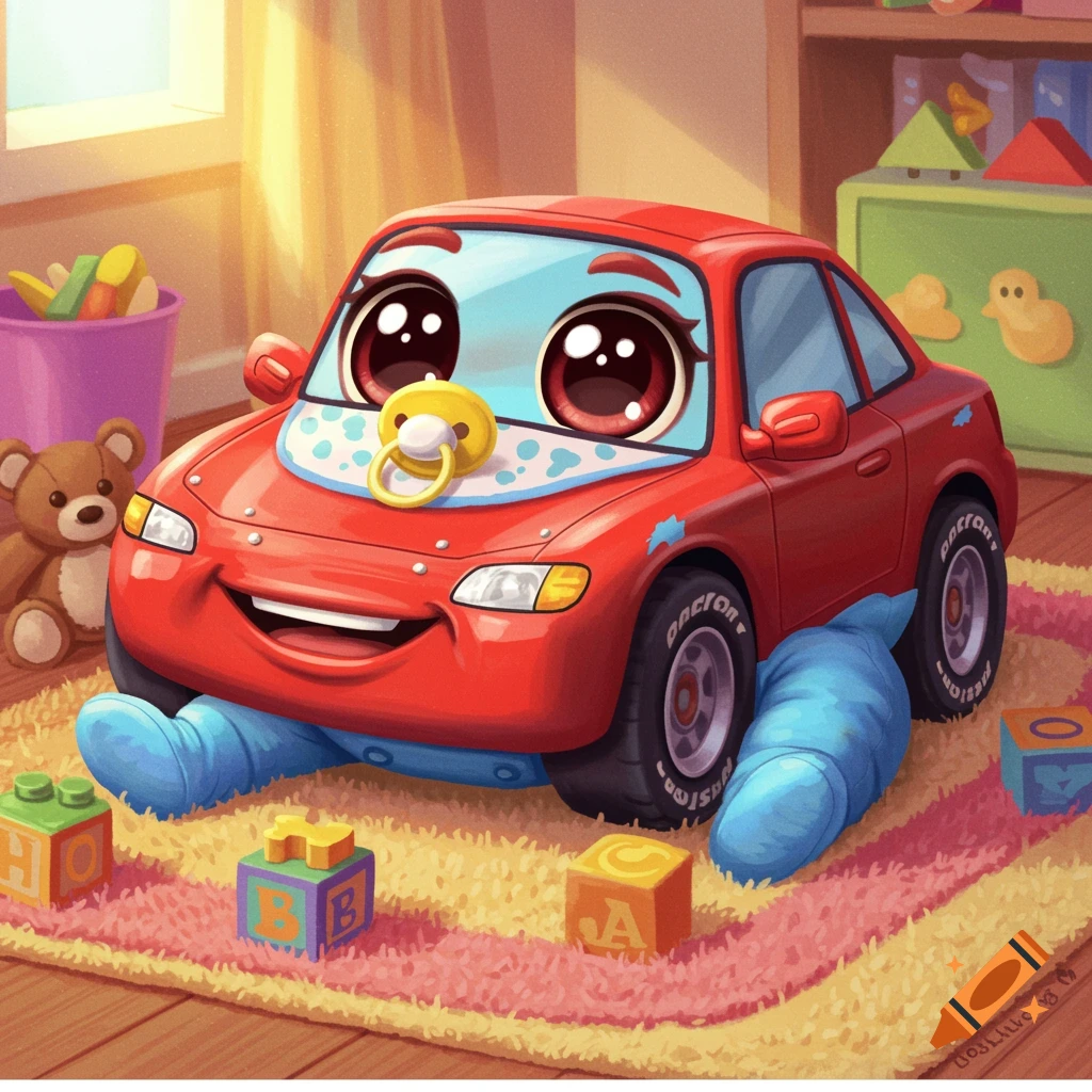 Illustration of a cute baby red car with a pacifier sitting on a rug ...