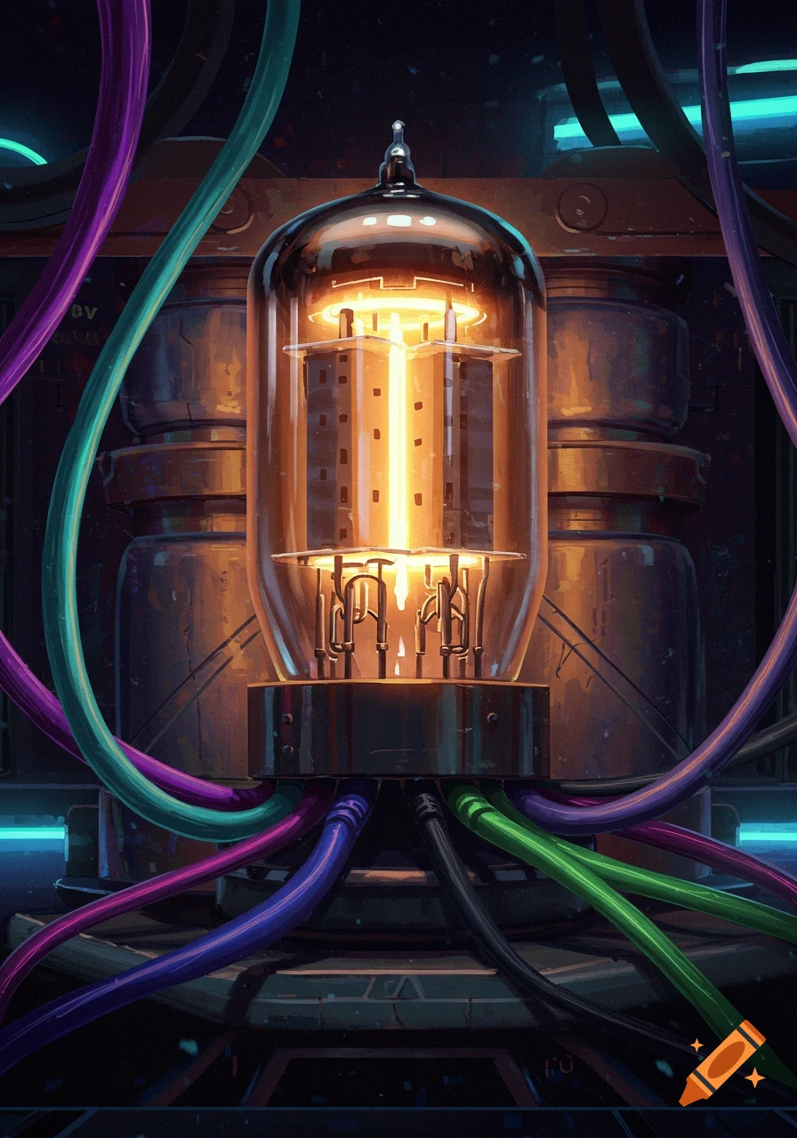 A glowing vacuum tube with colorful cables attached, in a dark ...