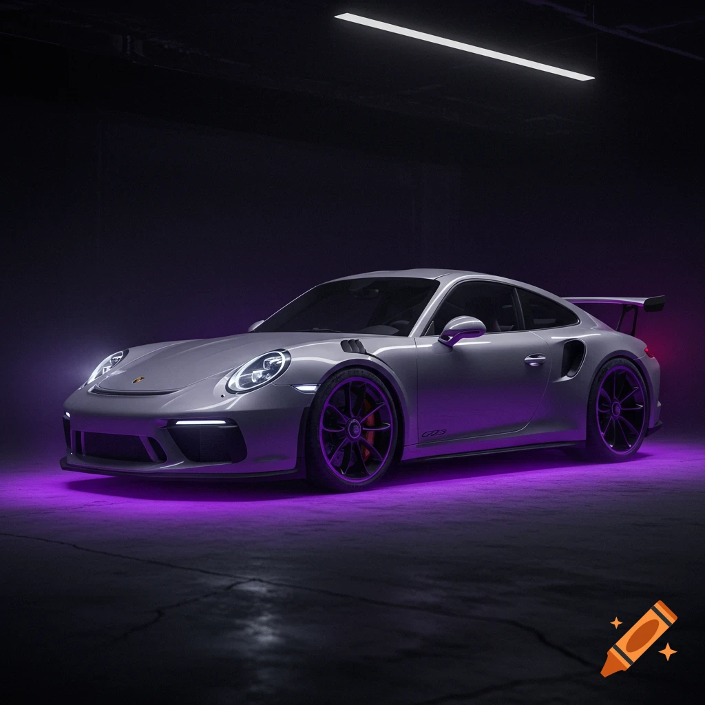 A silver Porsche GT3 car in a dark garage with purple underglow. on Craiyon