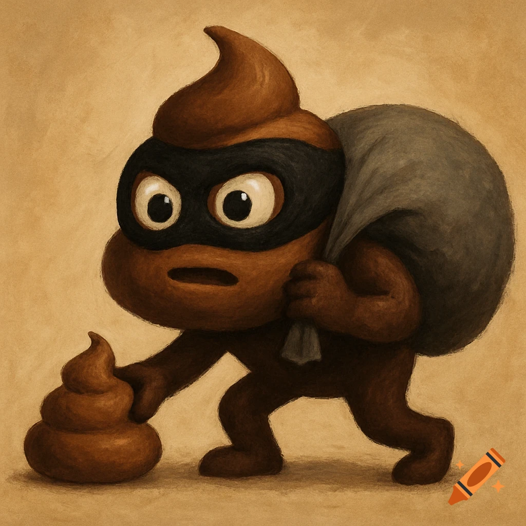 Cartoon poop emoji in a ski mask stealing a pile of poop, carrying a ...