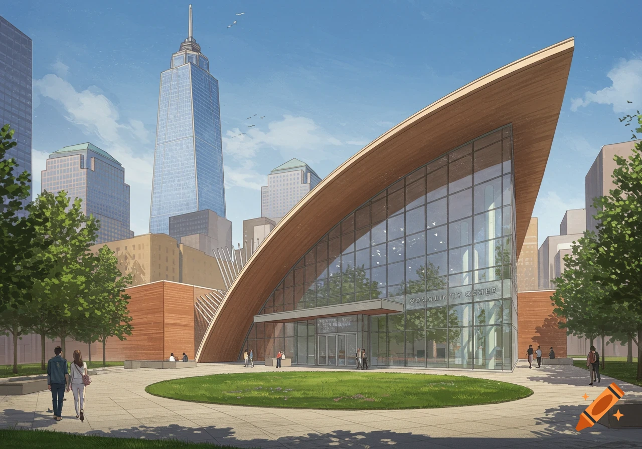 Architectural rendering of a modern community center building with a ...