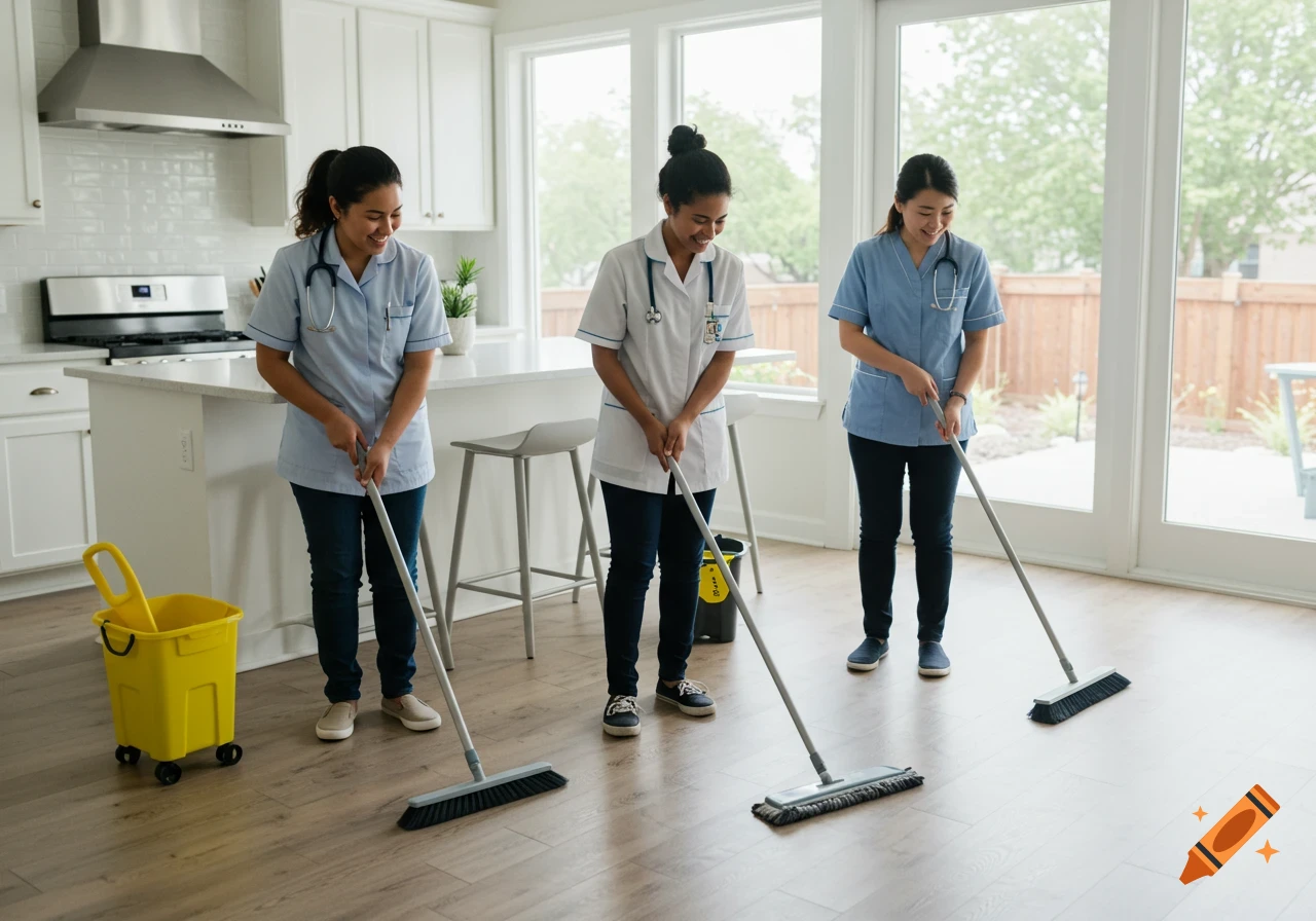 Three smiling women in uniforms sweep a kitchen floor on Craiyon