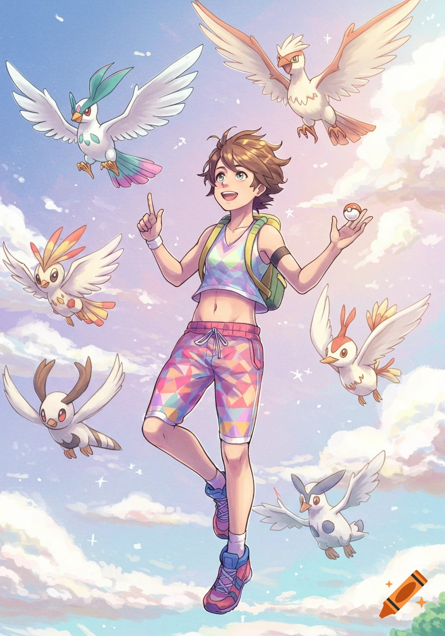 Pokemon trainer flying with bird Pokemon in the sky in an anime ...