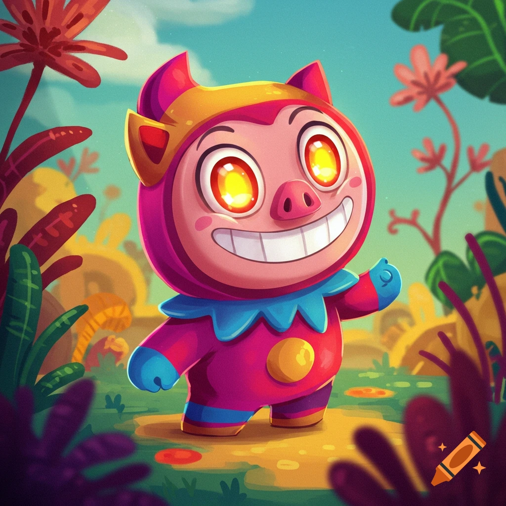 A cute cartoon pig character in a costume stands in a bright, fantasy ...