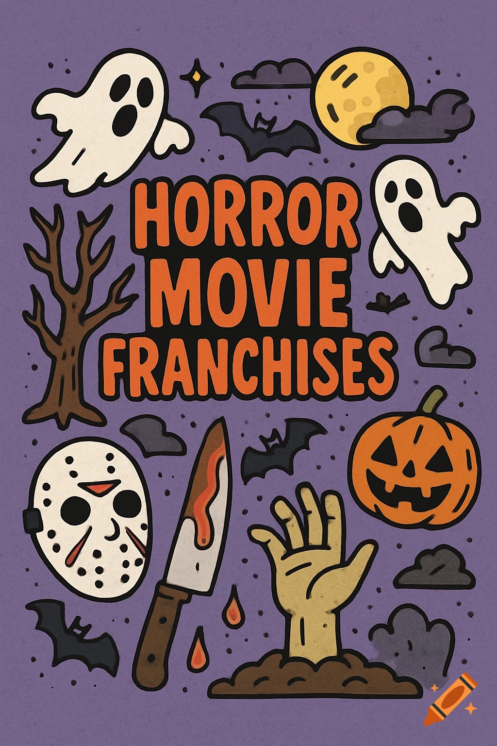 Cartoon illustration featuring horror elements like ghosts, bats ...