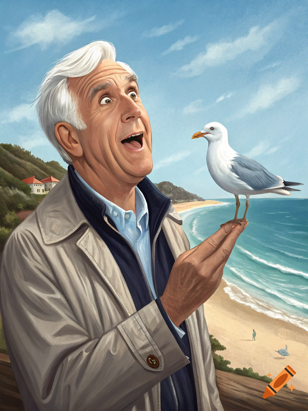 Leslie Nielsen holds a seagull on his finger at the beach, illustration ...