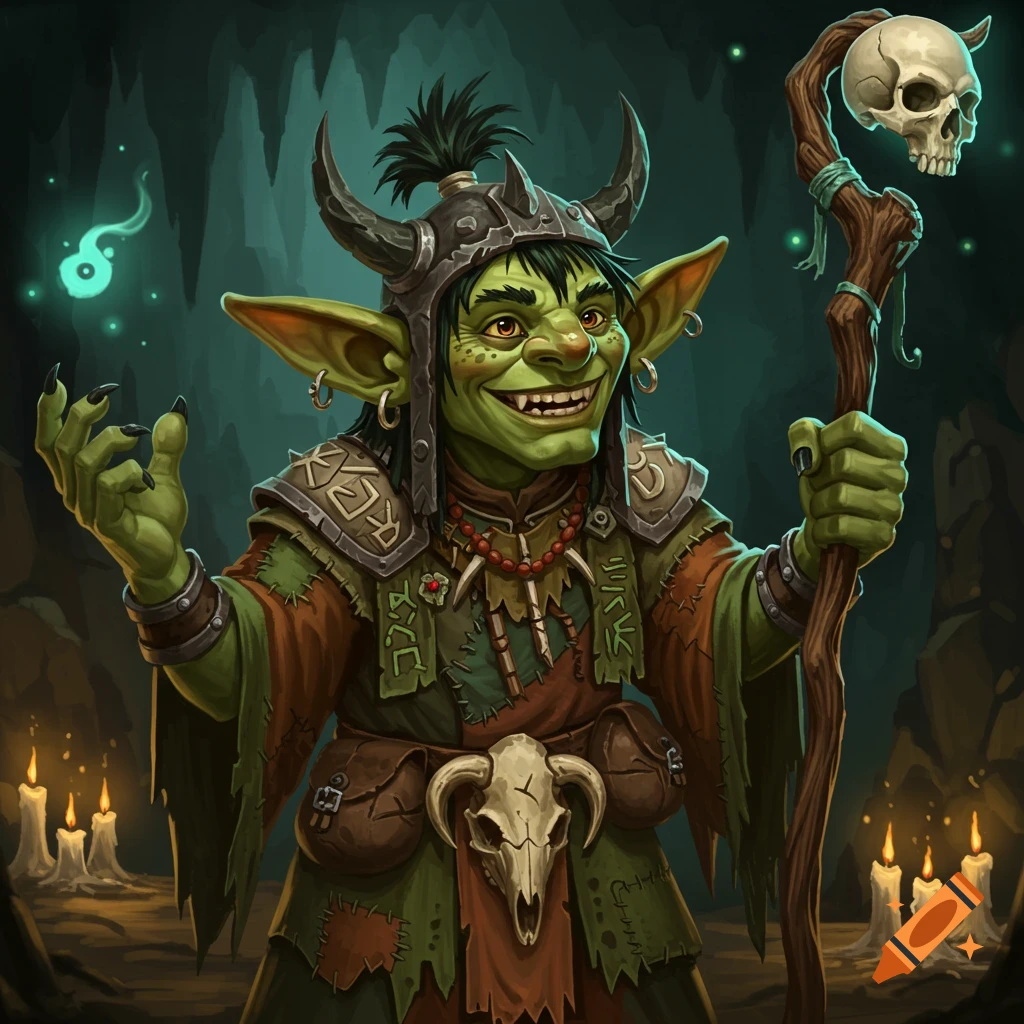 A green goblin priest character holding a skull-topped staff in a cave ...
