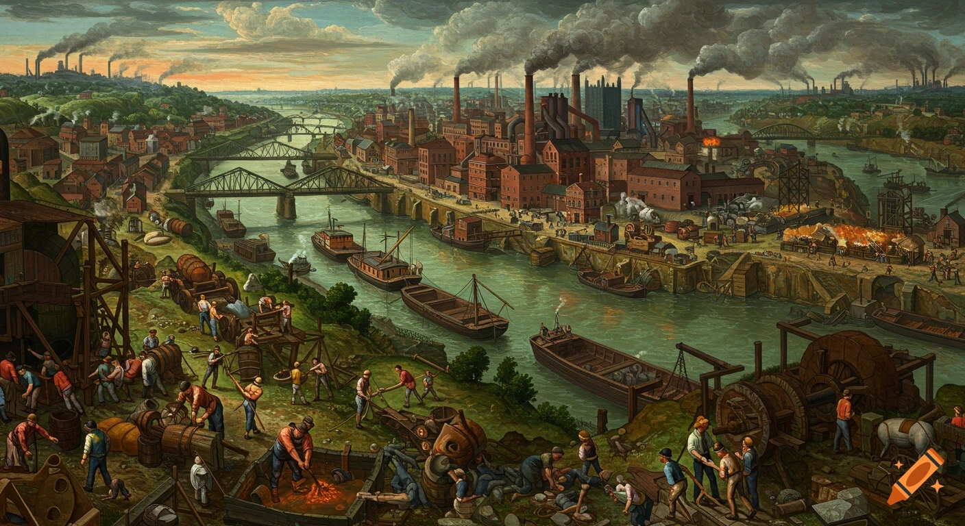 A detailed painting of a historical industrial city scene with ...