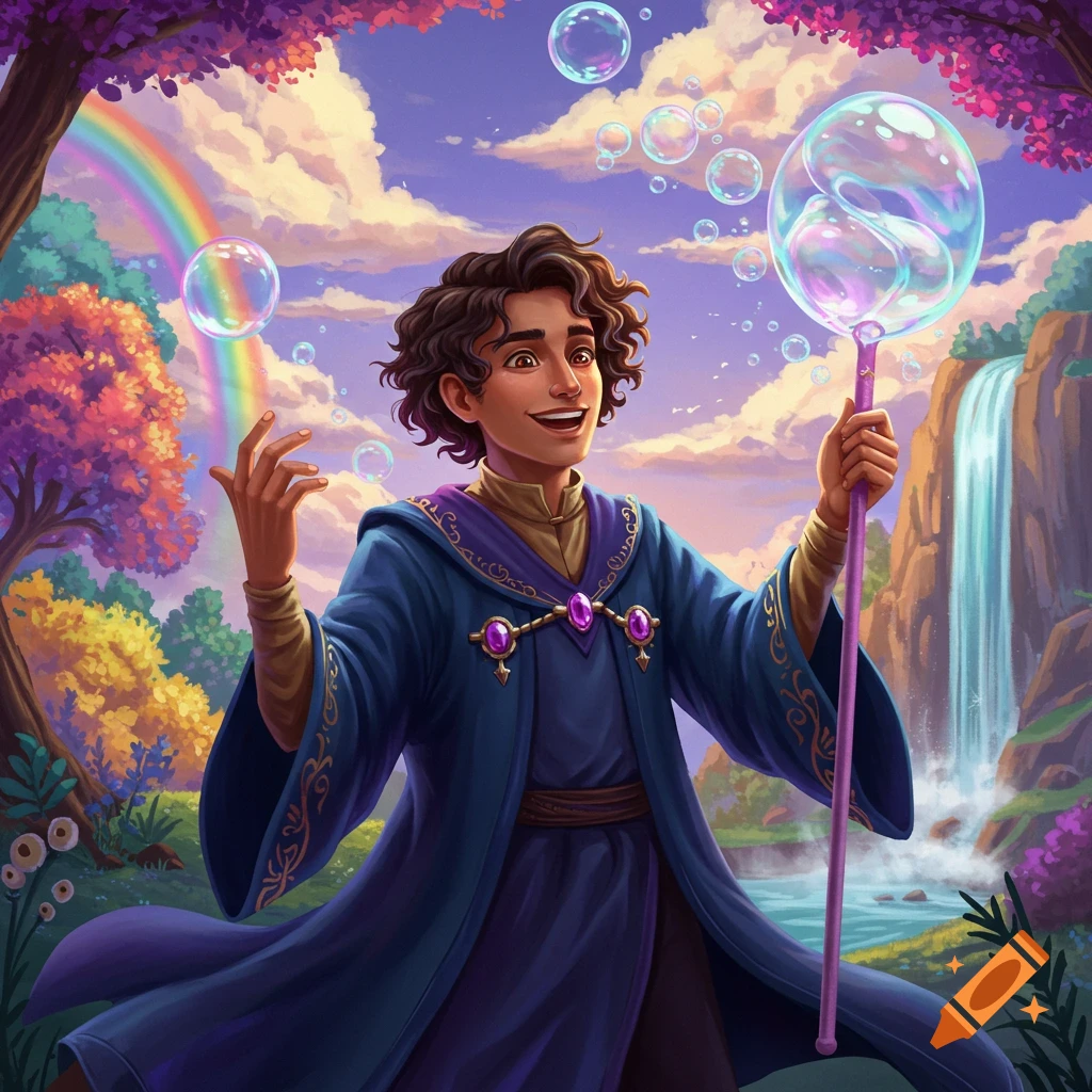 A young wizard makes bubbles in a colorful fantasy landscape with a ...