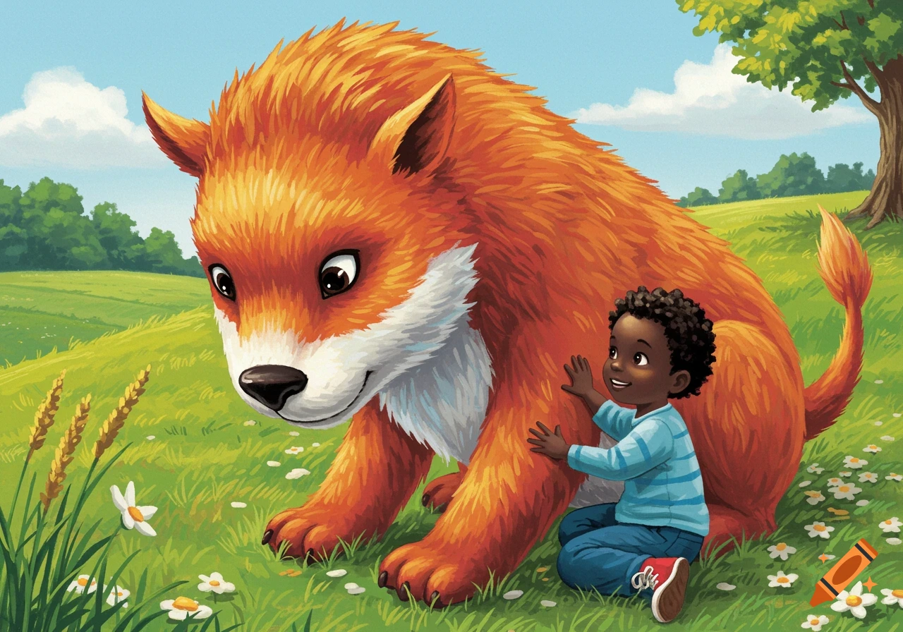 Illustration of a young boy petting a large, friendly orange fantasy ...