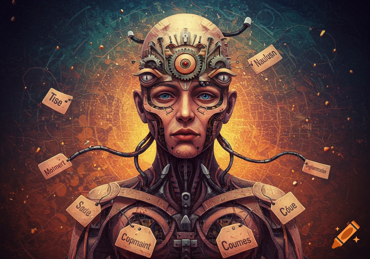 A detailed cyborg figure with labels attached to its body and floating ...