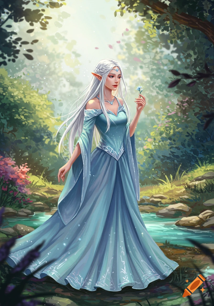 An elf princess in a flowing ice blue dress holds a flower in a sunny ...