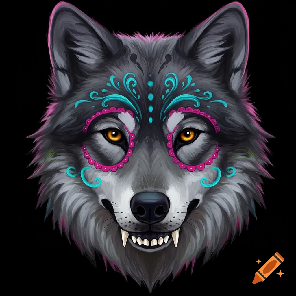 A detailed portrait of a grey wolf head decorated in a vibrant sugar ...