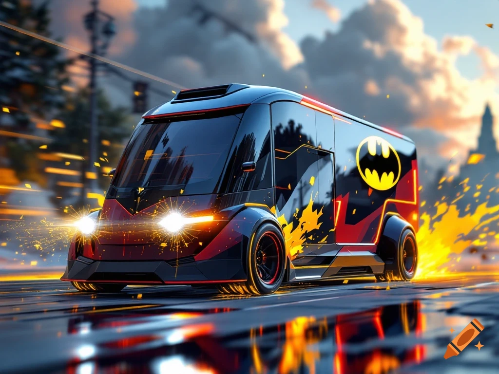 Futuristic black and red bus with Batman symbol speeding on a wet road ...