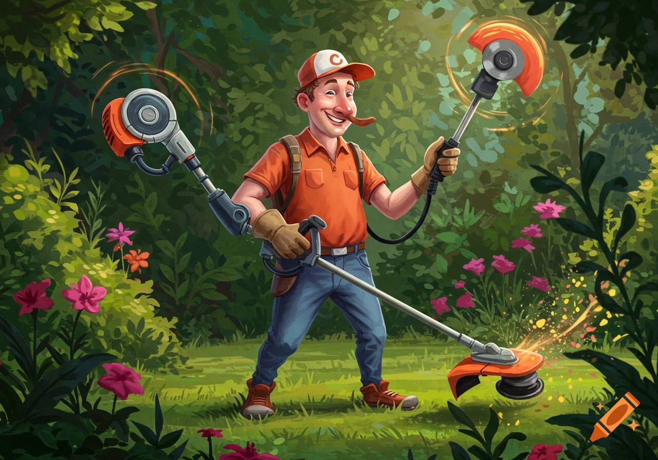 Illustration of a man with weedeaters instead of arms trimming weeds in ...