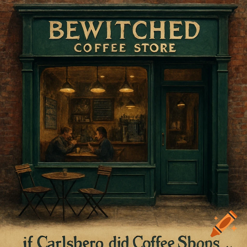 Painterly image of Bewitched Coffee Store facade at night with two ...