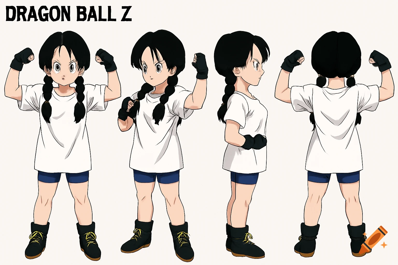 Model sheet of Videl from Dragon Ball Z flexing, shown from front ...
