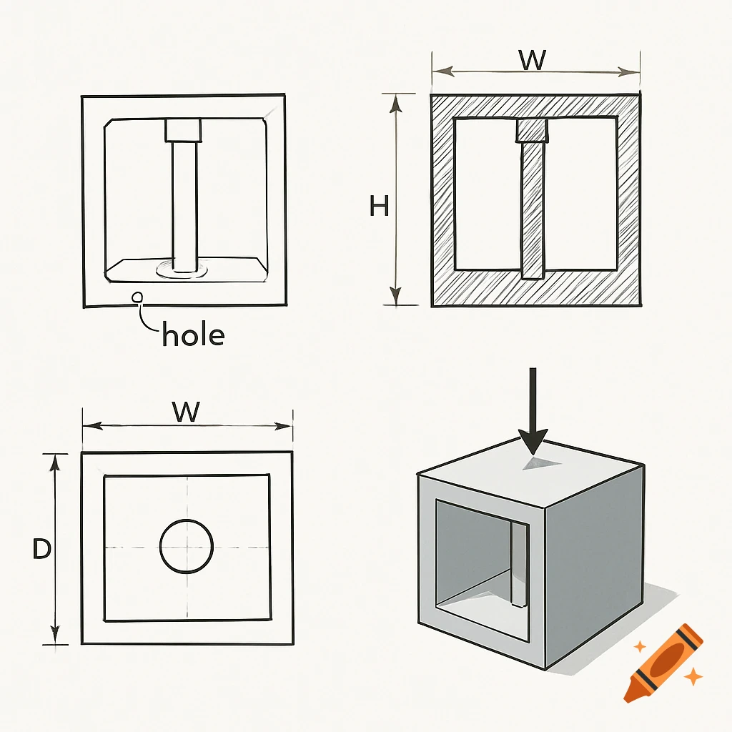 Technical sketches and diagrams of a cube with internal components ...