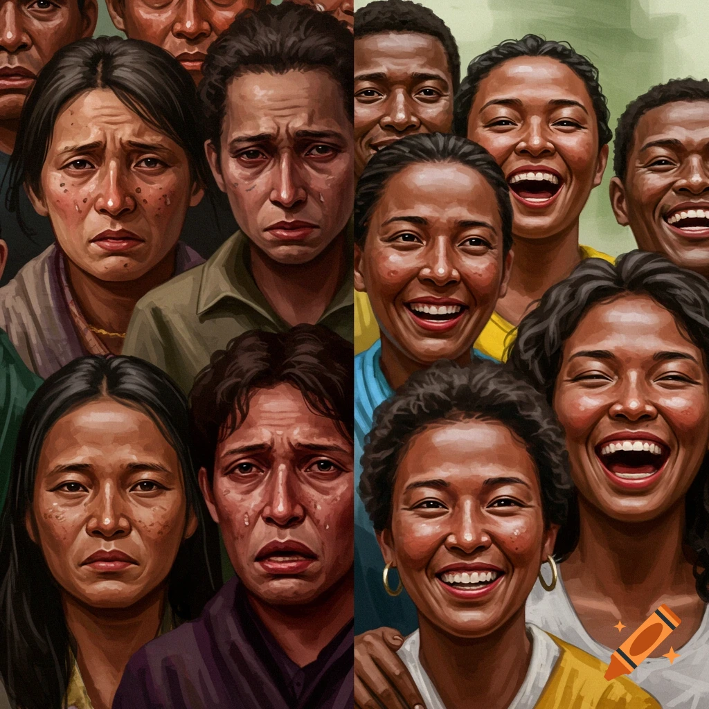 Split illustration showing detailed portraits of sad faces on the left ...