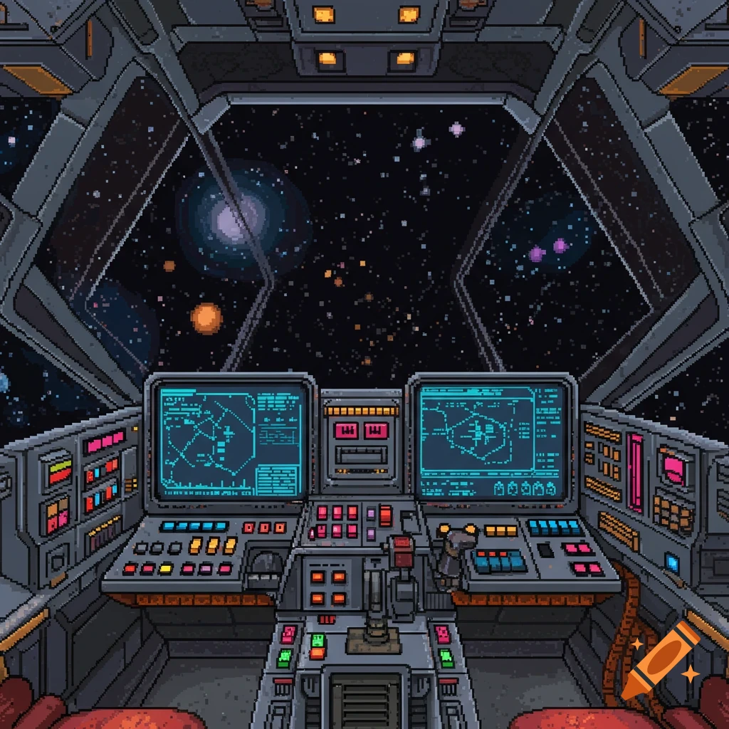 Pixel art view from a spaceship cockpit looking out into space with ...