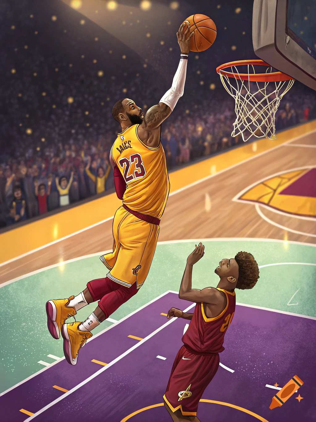 Illustration Of Lebron James Dunking On Another Player In A Basketball