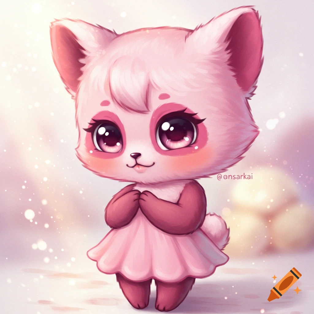 A cute pink chibi animal in a dress with big sparkly eyes. on Craiyon
