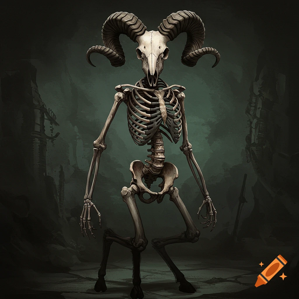 A full skeleton with a ram skull head and hooves stands in a dark ...