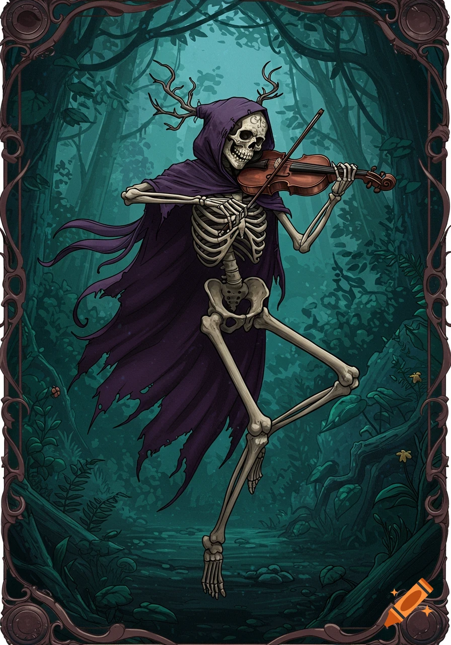 Stylized skeleton with antlers playing a violin in a dark forest. on ...