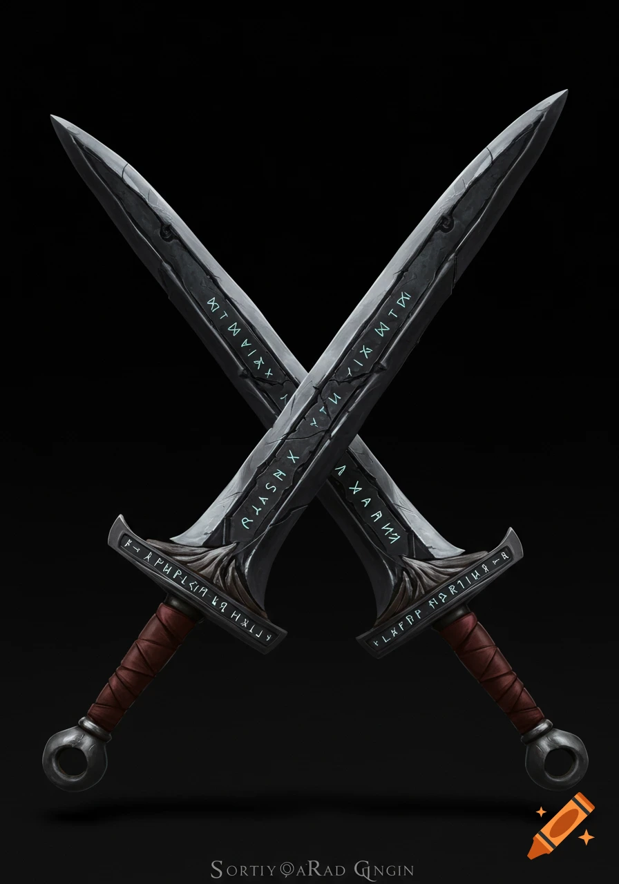 A pair of crossed fantasy swords with glowing runes on a black ...