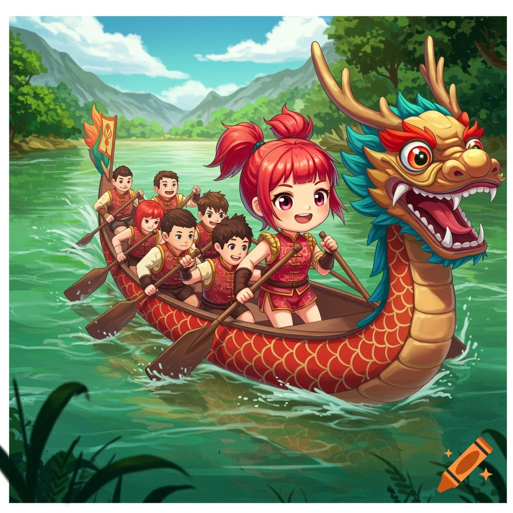 Cartoon chibi characters paddling a dragon boat on a river on Craiyon