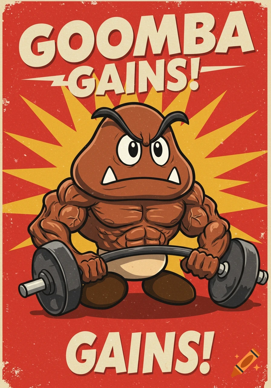 A muscular Goomba lifts a barbell in a vintage-style poster that says ...