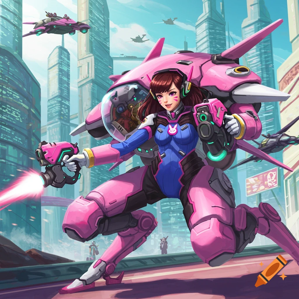 D.va from Overwatch in her mech, standing in a futuristic city. on Craiyon