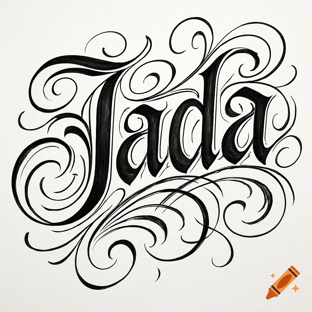 Black and white Chicano style calligraphy drawing of the name Jada with ...