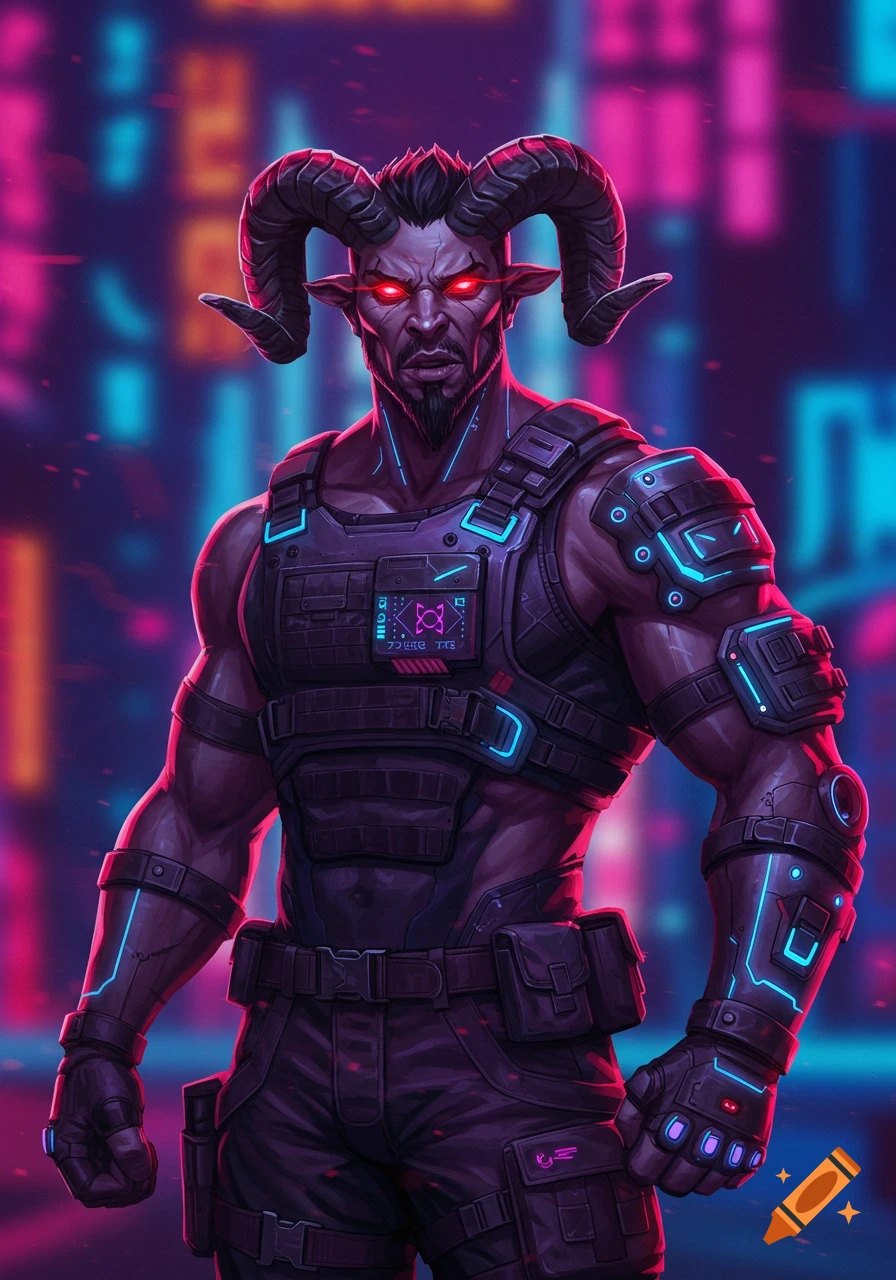 A muscular demon character with ram horns and glowing red eyes wears ...