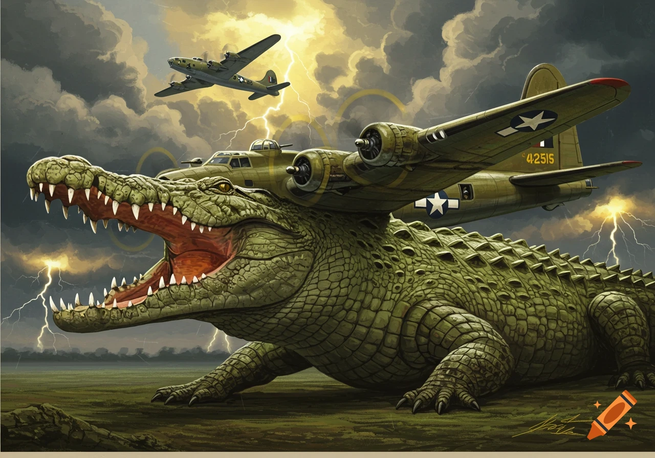 Giant crocodile with a B-17 bomber on its back and another flying above ...